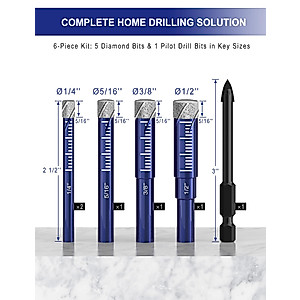 6 PCs Diamond Drill Bits Set for Porcelain, Ceramic, Glass & More - Versatile Tile Drill Bits for Efficient, Precise Drilling