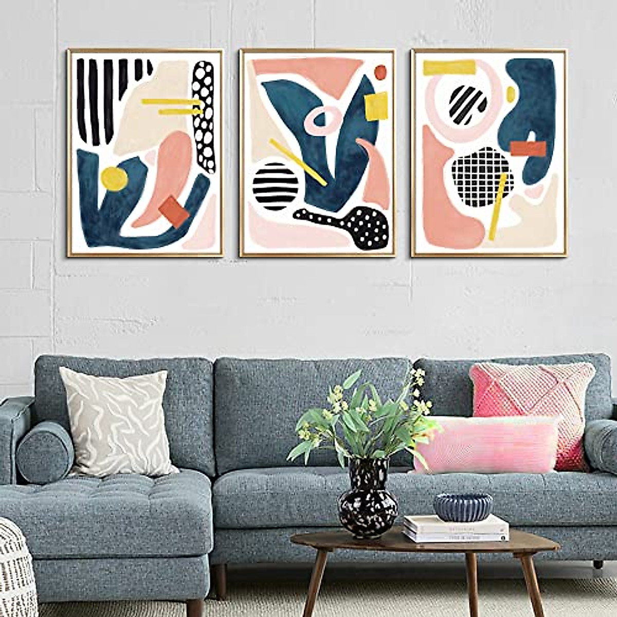 ArtbyHannah Gold Framed Wall Art, Abstract Canvas Wall Art with Geometric Prints, Navy and Pink Modern Wall Art for Bedroom Living Room, 12x16 Inch Set of 3