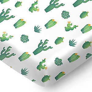 Mini Crib Sheet with Cactus Pattern - 100% Organic Cotton Pack n Play Fitted Sheet - Premium Mini Pack and Play Sheets - Pickle & Pumpkin Sheet Compatible as Graco Pack n Play Sheet & Mini Crib Sheets
