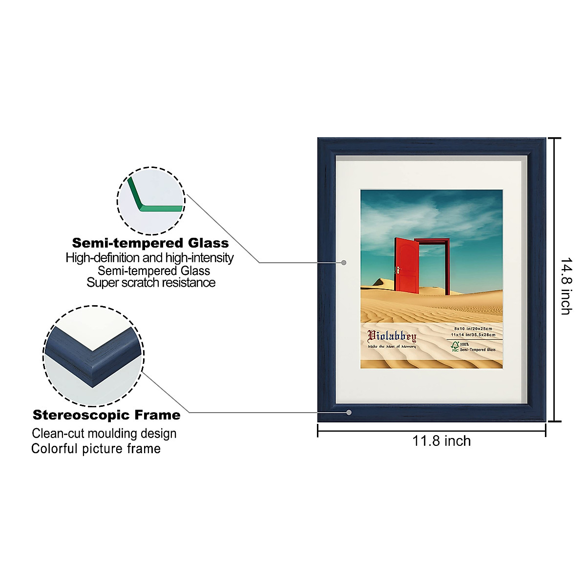 VIOLABBEY 11x14 Picture Frames Set of 4, Fits 8x10 Photo Frame with Ivory Mat or 11x14 Without Mat, Wall or Tabletop Display, Semi Tempered Glass, Blue