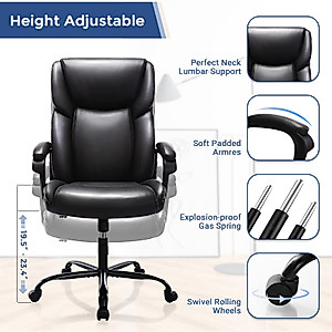 Executive Office Desk Chair High Back Adjustable Ergonomic Managerial Rolling Swivel Task Chair Computer PU Leather Home Office Desk Chairs with Lumbar Support, Black