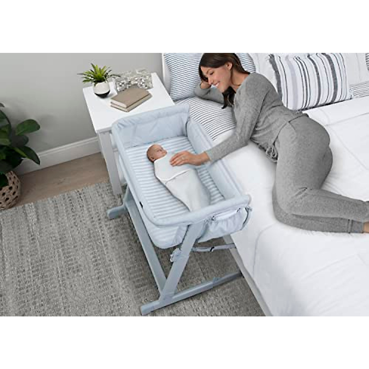 Delta Children babyGap Whisper Bedside Bassinet Sleeper with Breathable Mesh and Adjustable Heights - Lightweight Portable Crib - Made with Sustainable Materials, Grey Stripes