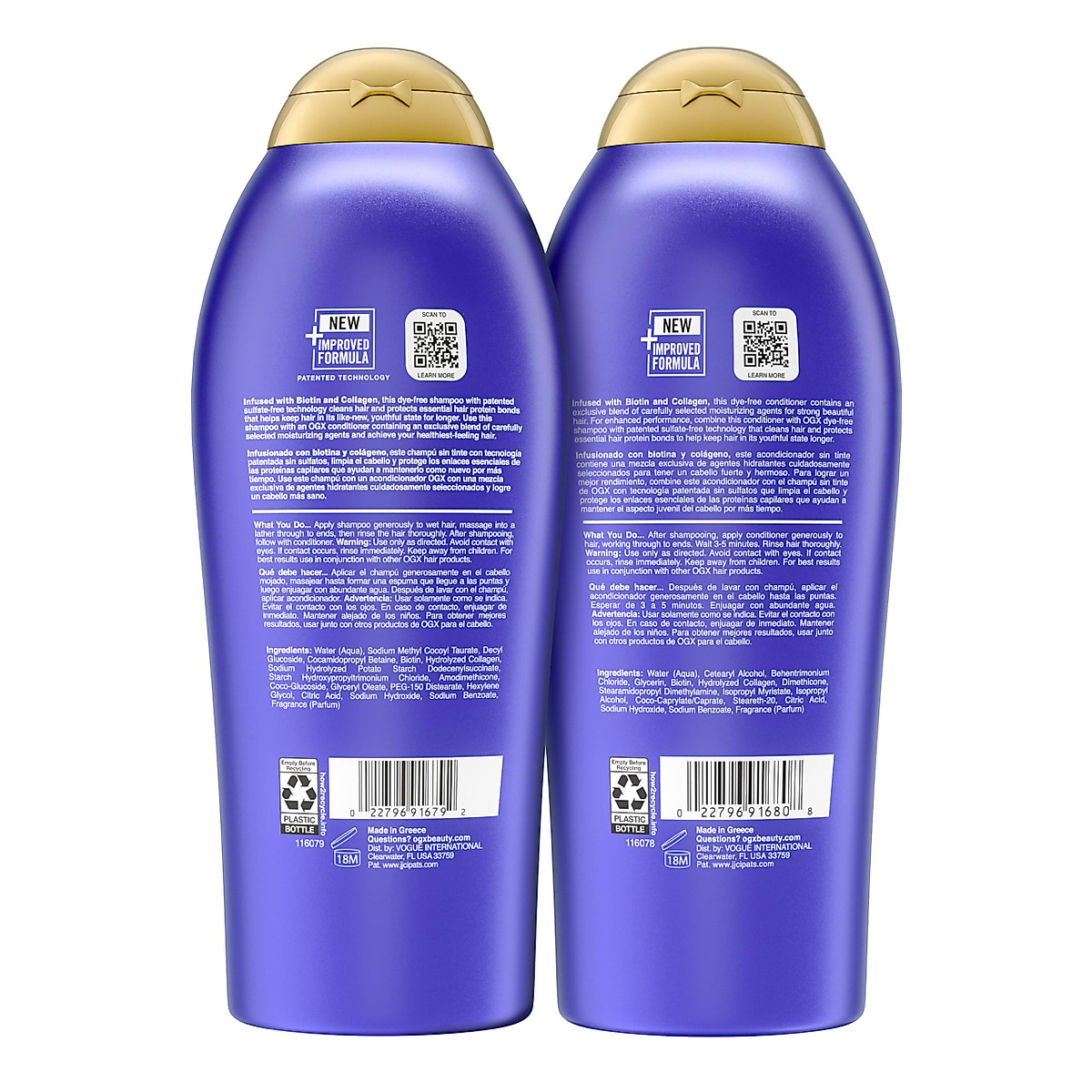 OGX Thick & Full + Biotin & Collagen Extra Strength Volumizing Shampoo + Conditioner with Vitamin B7 & Hydrolyzed Wheat Protein for Fine Hair, 25.4 oz Pack of 2