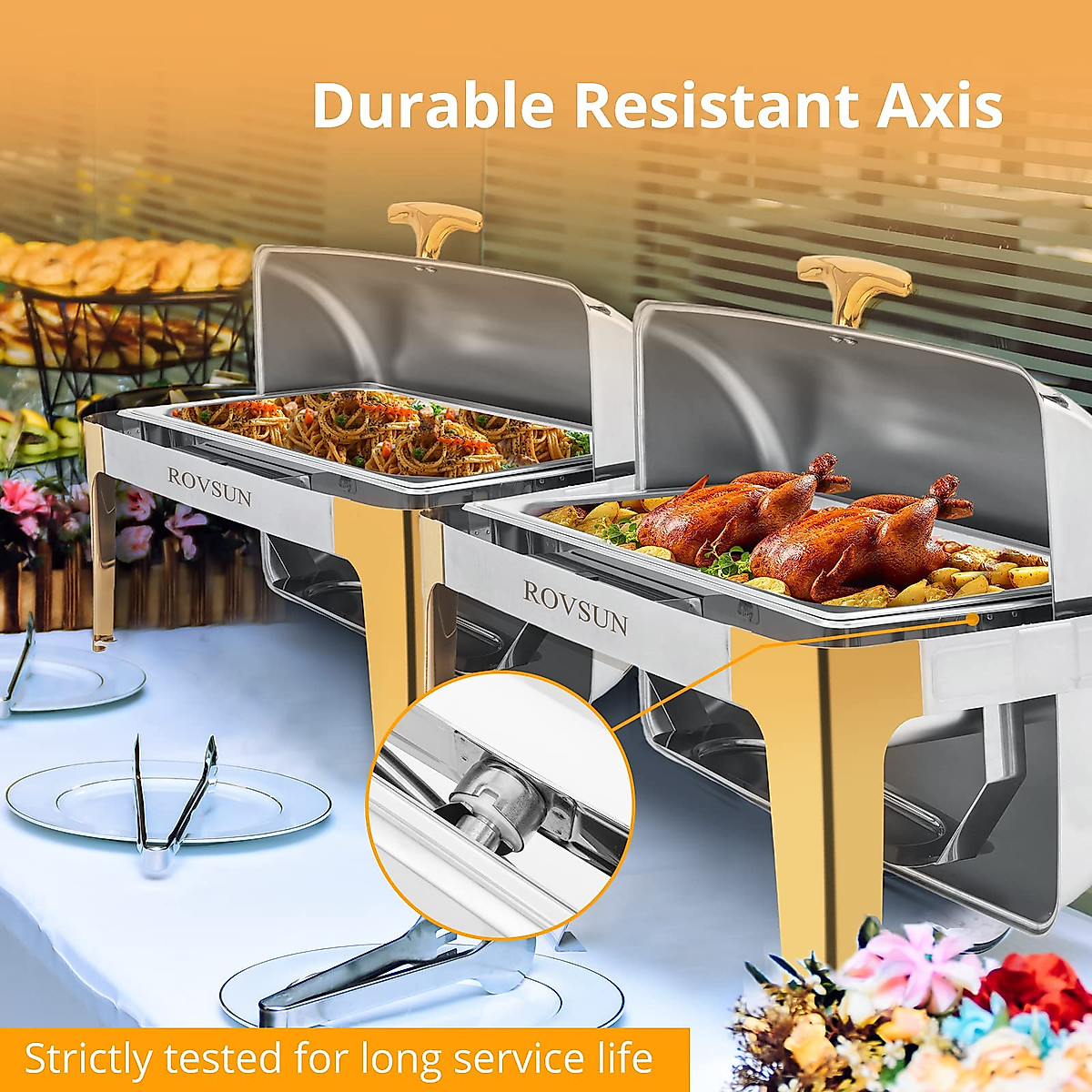 ROVSUN 3 Packs Roll Top Chafing Dish Buffet Set Gold Accent,NSF 9 Quart Rectangular Stainless Steel Chafer, Buffet Servers and Warmers Set Warming Tray for Wedding, Parties, Banquet, Catering Events