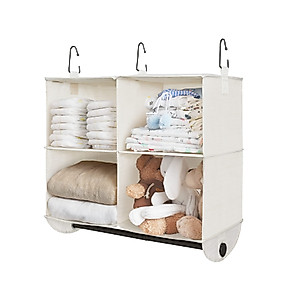 StorageWorks Hanging Closet Organizer with Garment Rod, 4 Section Closet Hanging Shelves, Hanging Clothes Cube Organizer, White & Ivory, 12 ¼" D x 24 ½" W x 28" H