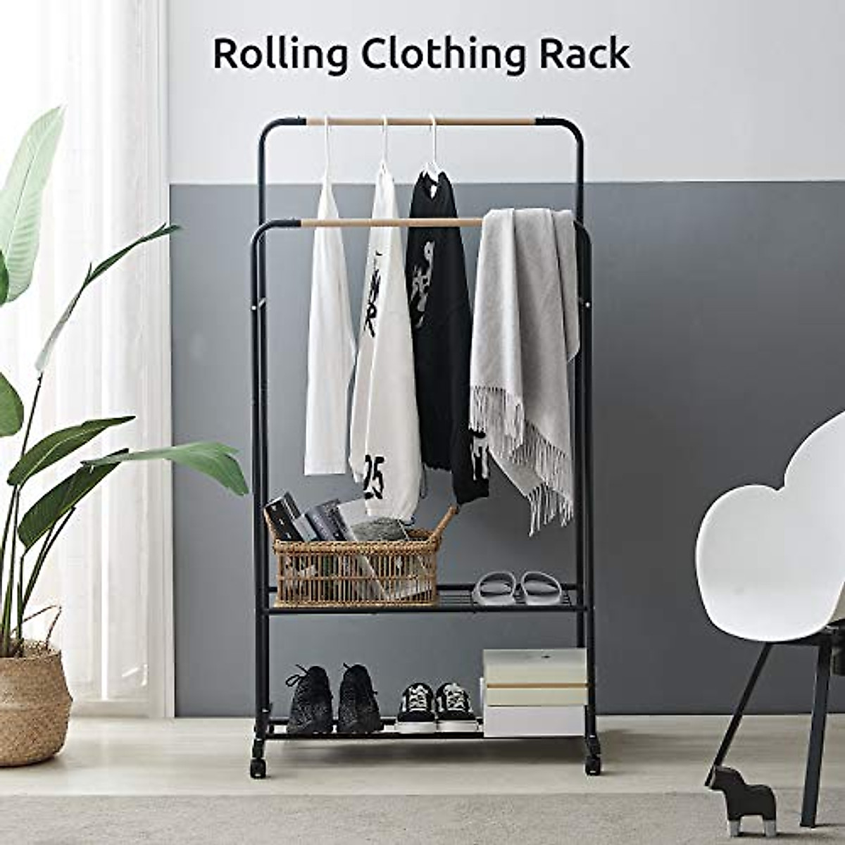 YOUDENOVA Rolling Clothes Rack on Wheels, Clothing Rack for Hanging Clothes, Double Rods Garment Rack, Black