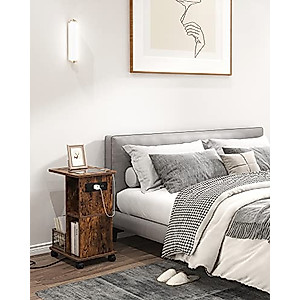 HILINSIE C Shaped End Table with Charging Station - Narrow Side Table with USB Ports and Outlets for Small Spaces, 3-Tier Storage Shelves Nightstand, 11.9 x 15.8 x 21.7 Inches, Rustic Brown