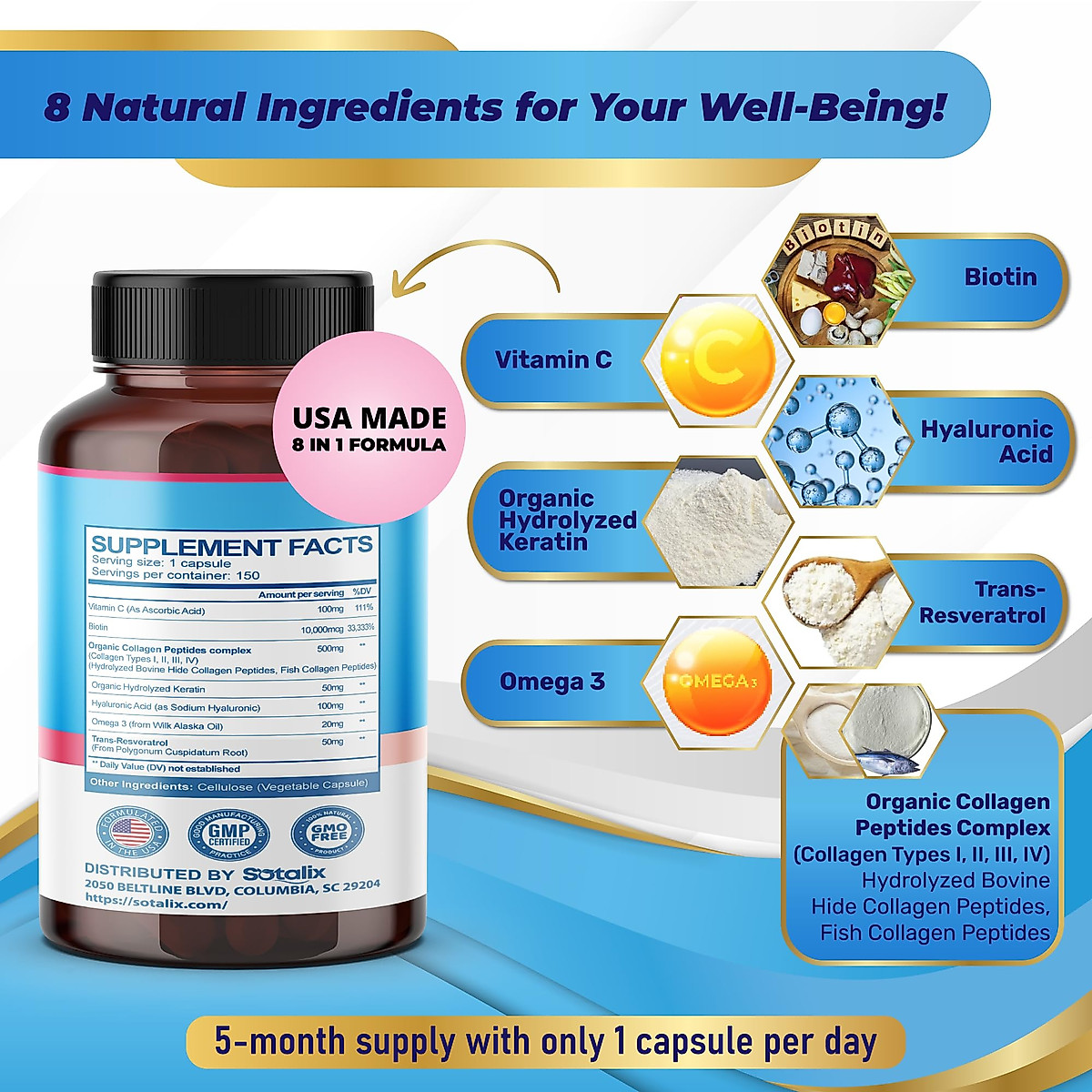 Collagen Peptides 16,780 mg with Biotin + Keratin, Vitamin C + Omega 3 - Radiant Skin, Healthy Joint, Nails - USA Made & Tested (150-day Supply)