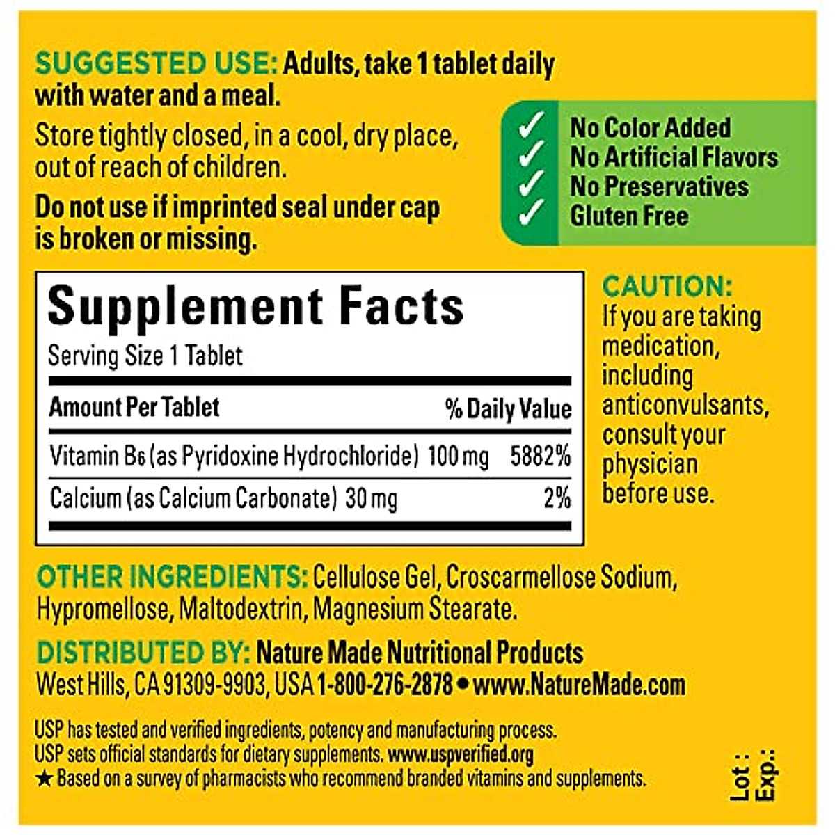 Nature Made Vitamin B6 100 mg, Dietary Supplement for Energy Metabolism Support, 100 Tablets, 100 Day Supply