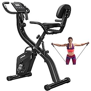Folding Exercise Bikes DISPANK 3-in-1 X-Bike Indoor Portable Exercise Bikes, Sturdy Foldable Stationary Bike with Automatic Springback Arm Resistance Band and Backrest, 10-Level Resistance for Men, Women and Seniors