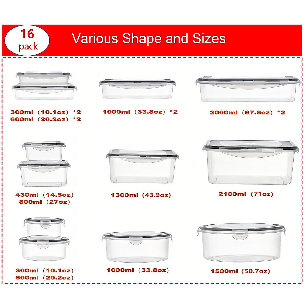 Class Frogs 32 high-capacity food storage containers (16 containers+16 lids), lunch box, bread storage box, pantry and kitchen container, leak proof, BPA free, Transparent, CNTZ-A111