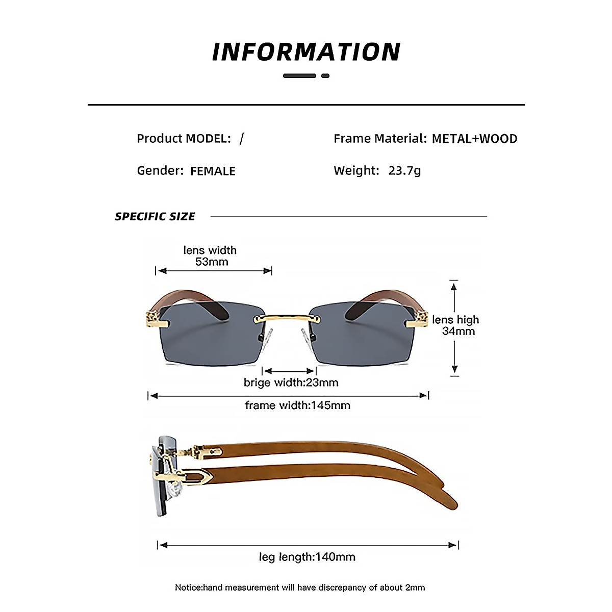 Heptagram Rectangle Fashion Rimless Sunglasses for Women Men Gangster 90s Frameless Shades Retro Vintage Trendy Eyewear (2 PCS-Brown+Transparent)
