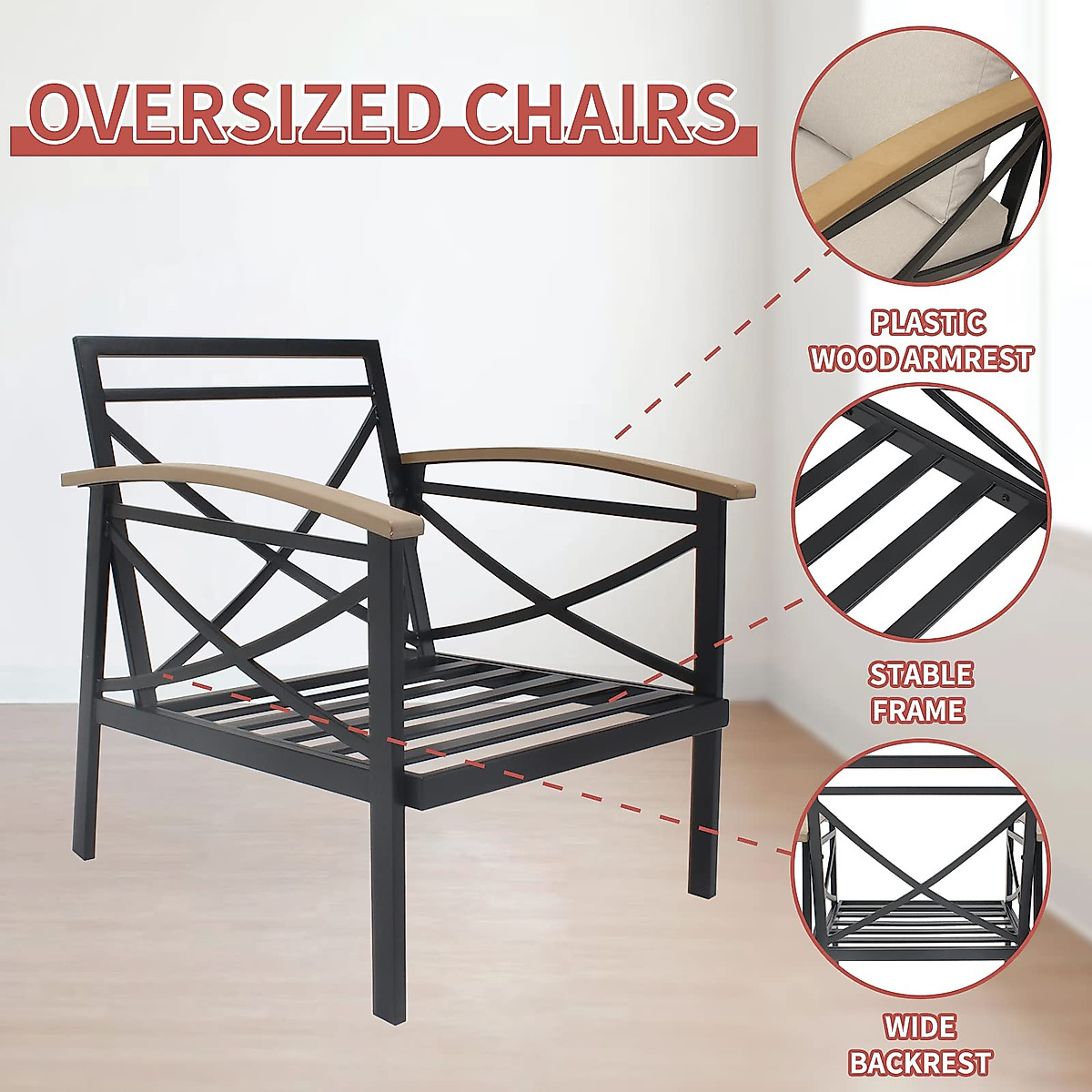 VARVIND 3 Pcs Outdoor Patio Furniture Set,Patio Conversation Sofa Set with Side Table,All Weather Patio Bistro Set,Outdoor Porch Chairs with Cushion for Garden,Backyard,Lawn,Poolside(Red)