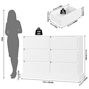 HOSTACK White Dresser for Bedroom, Modern 6 Drawer Dresser, Double Dresser Chest of Drawers with Wavy Pattern | Handleless Drawers, Wood Storage Dresser Cabinet for Living Room, Hallway, Entryway