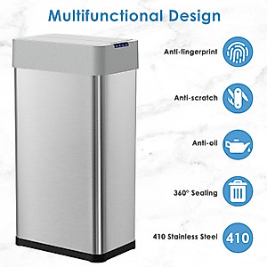 Arlopu 18.5 Gal Automatic Trash Can, 70L Stainless Steel Motion Sensor Garbage Bin, Touchless Brushed Wastebasket, W/Butterfly, Soft-Close Lid, for Living, Dinning Room, Kitchen (Silver)