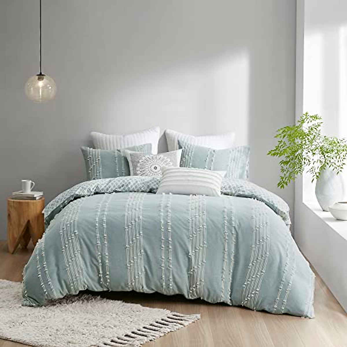 INK+IVY 100% Cotton Comforter Set Trendy Stripe Textured Design, Modern Down Alternative, All Season Cozy Bedding with Matching Shams, Full/Queen, Aqua Reversable Stripes