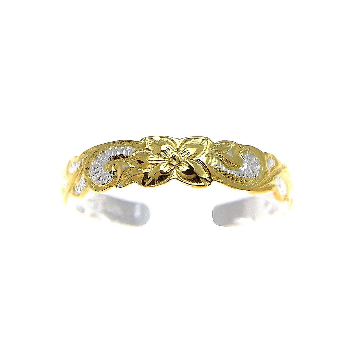 Arthur's Jewelry 925 sterling silver 2 tone yellow gold plated Hawaiian plumeria flower scroll 4mm cut out open toe ring
