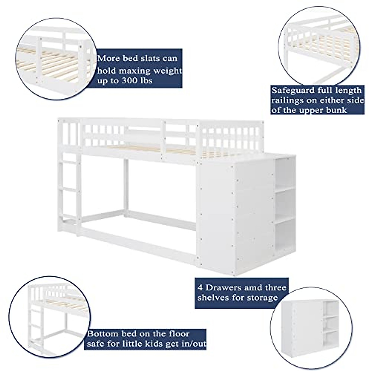 Full Over Full Bunk Bed with Storage Drawers and Shelves Wood Floor Bunk Beds with Cabinet for Kids Girls Boys, Teens, Adults, White