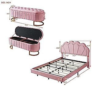 Full Size Velvet Upholstered Bed, Floating Platform Bed Frame with Storage Ottoman, Flowers Shape Headboard and LED Lights, Floating Bed Smart LED Bed for Kids Adults Bedroom Furniture (Pink Ottoman)
