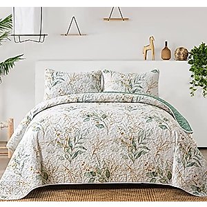 Floral Quilt Queen Size,Green Botanical Queen Quilt 3 Pieces,Reversible Soft Bedspread Queen Size for All-Season(96"x90")