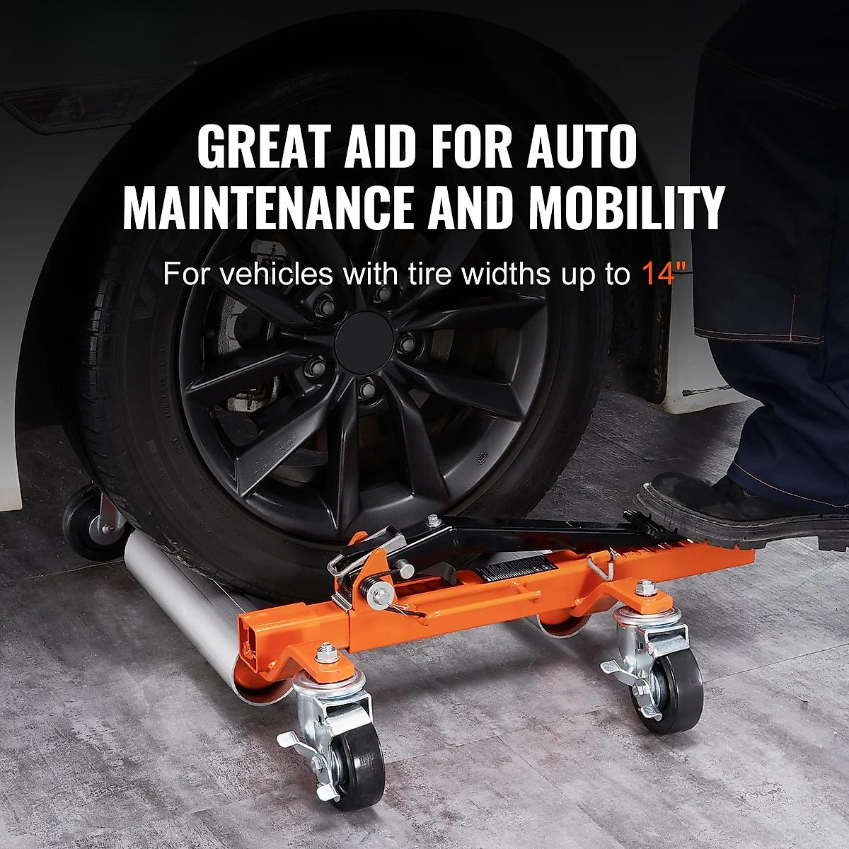 ECILKUC Wheel Dolly - Single Car Skate, Heavy-Duty Vehicle Positioning with Ratcheting Foot Pedal, 1500 lbs Capacity Tire Skate for Cars, Trucks, RVs, and Trailers, Orange