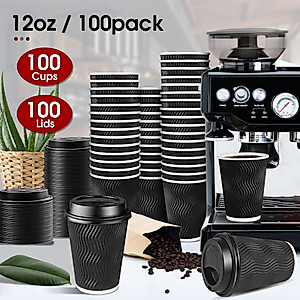 Ginkgo 100 Pack 12 oz Disposable Coffee Cups with Lids, To-Go Paper Coffee Cups Suitable for Hot Coffee, Chocolate and Cocoa, Coffee Bar Accessories - Black
