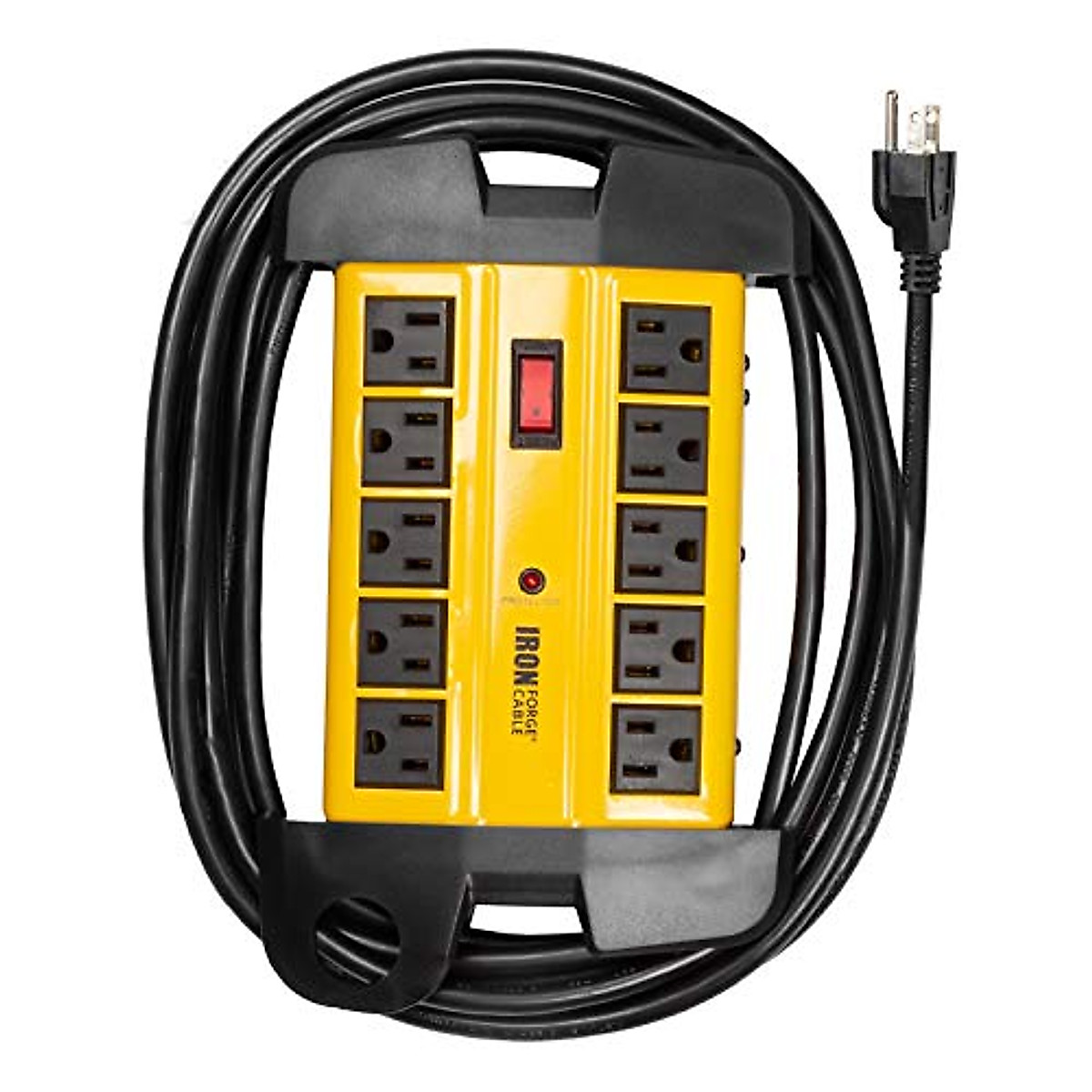 10 Outlet Heavy Duty Surge Protector Power Strip - 14/3 SJT Industrial Black and Yellow Metal Surge Suppressor with 15 Foot Long Extension Cord