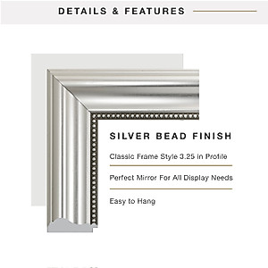 MCS 24x36 Inch Beaded Rectangular Wall Mirror, 30.25x42.25 Inch Overall Size, Silver (20454)