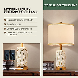 workluurop Set of 2 Touch Control Ceramic Table Lamps for Bedroom Livingroom,Modern Black/White, with USB Ports,Bedside Nightstand Lamp with Fabric Drum Lampshade,Blubs Included (White)