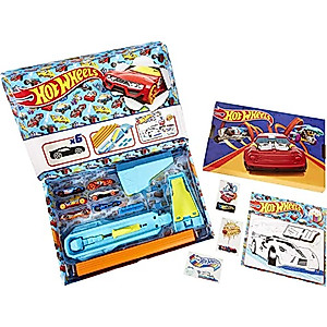 Hot Wheels HW Celebration Box Complete Starter Set with 6 1:64 Scale Cars, Track, Connectors, 4-Speed Launcher, Ramps, Activity Page & Stickers, Gift for Kids 4 Years Old & Up