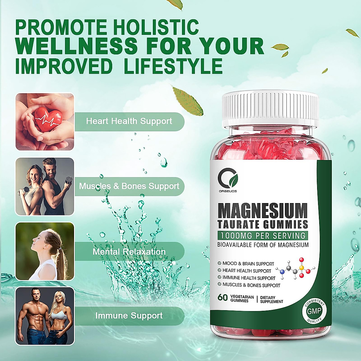 Magnesium Taurate Gummies with Magnesium Taurate, Magnesium Glycinate & Magnesium Citrate-for Heart Health, Muscles Function, Mood Support-Vegetarian, Non-GMO