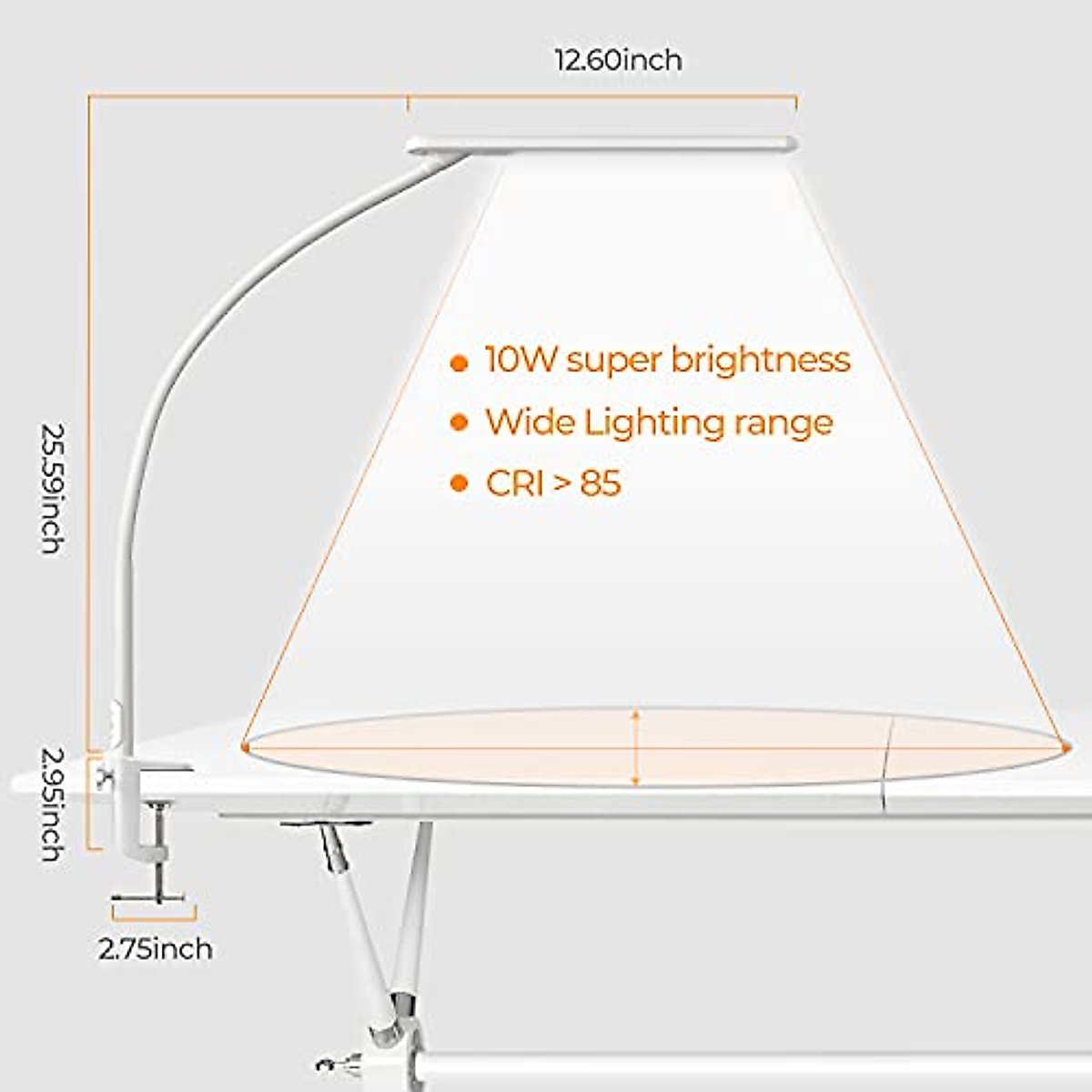 BOLOWEI LED Desk Lamp with Clamp Small White Desk Lamp for College Dorm Room, 6-Level Dimmable 5 Color Modes Swing Arm Daylight Table Lamp Touch Control Home Office Study/Reading/Drawing 10W