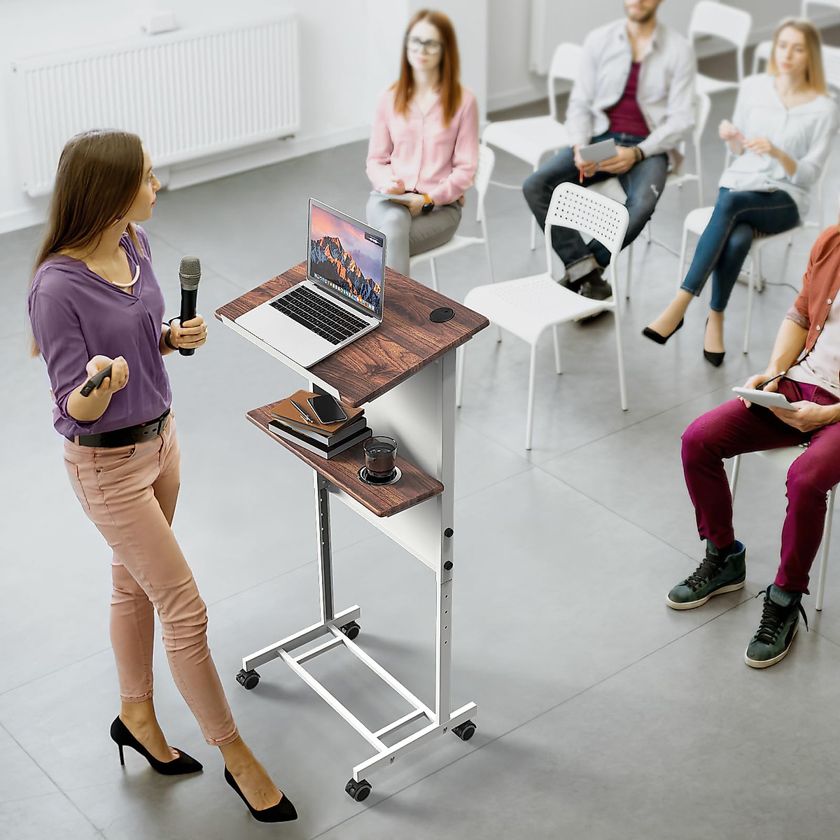 VINGLI Portable Podium Stand, Height Adjustable Lectern Podium with Shelf for Reports, Mobile Stand Up Lectern, Rolling Pulpits for Church with Edge Stopper (White/Brown, 24'' Wide)