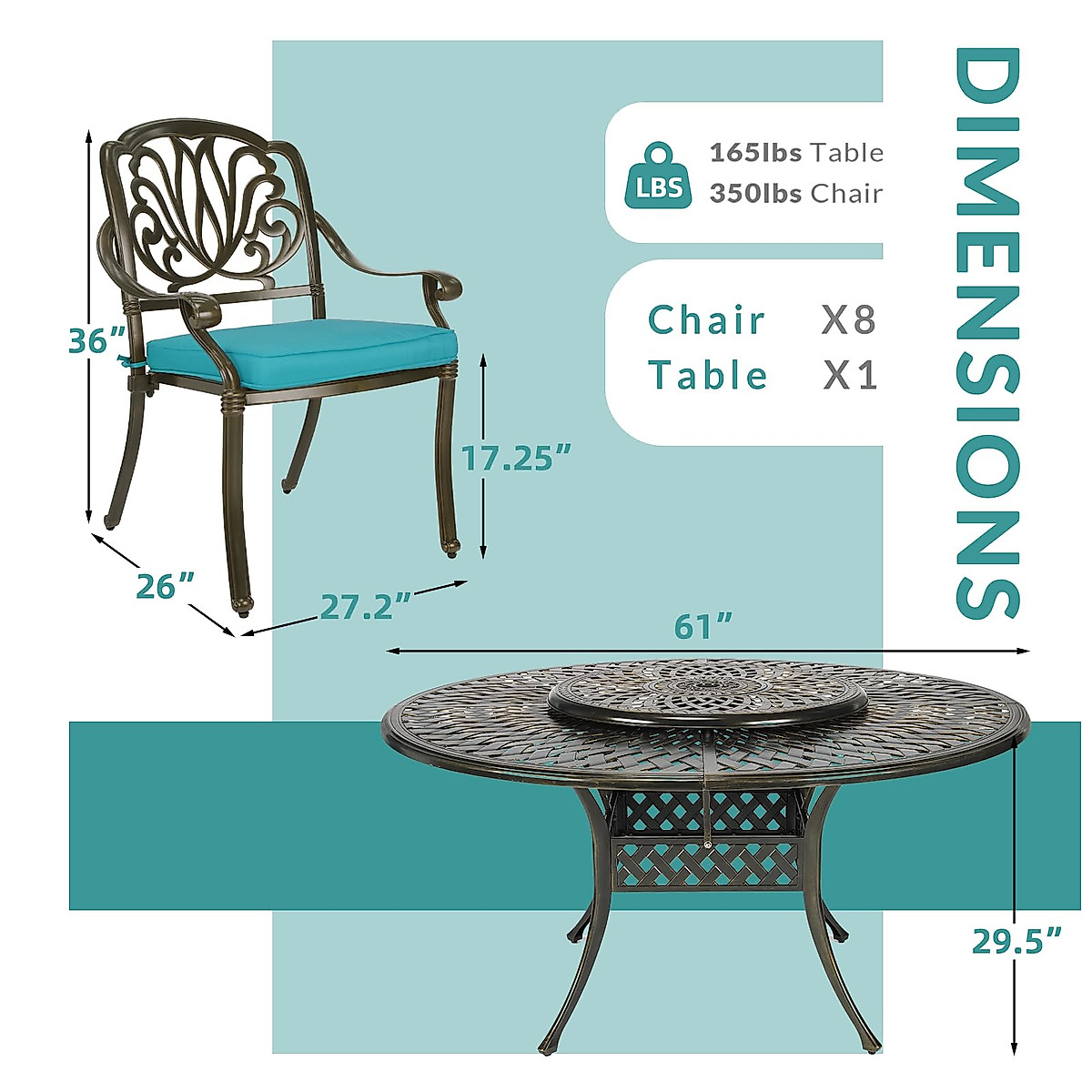 MEETWARM 9-Piece Outdoor Furniture Dining Set, All Weather Cast Aluminum Patio Garden Set- 8 Cushioned Chairs, 61" Round Patio Dining Table with Detachable Lazy Susan, 2" Umbrella Hole, Ocean Blue