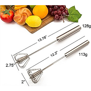 KSENDALO Push Whisk Set(12inch & 14inch) Stainless Steel Easy Whisk for Mixing Milk and Other Liquids, Automatic Whisk Push Saves Much Energy, Silver