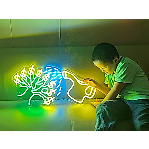 This is Money Tree LED Sign for Bedroom Wall, Large Neon Sign Wall Home Decor Suitable for Home, Bar, Studio, Club, or Restaurant Decor Green-ice Blue-Yellow