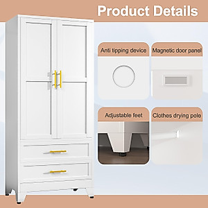 PAOFIN White 71" Metal Armoire Wardrobe Closet, Bedroom Clothing Storage Cabinet with 2 Drawers and Hanging Rod, Freestanding Armoire Cabinet with Adjustable Shelves