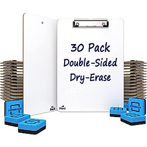 SCRIBBLEDO 30 Pack Double Sided Dry Erase Clipboards 9"x12" Durable Clipboards Bulk with 30 Dry Erase Erasers, Dry Erase Clipboard with Low Profile Clip for School, Classroom and Home Use
