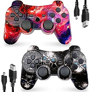 CHENGDAO Controller for PS3 2 Pack Wireless Controller for Playstaion 3 6-Axis with High-Performance Double Shock, Motion Control, USB Charging Cable (Skull + Galaxy)