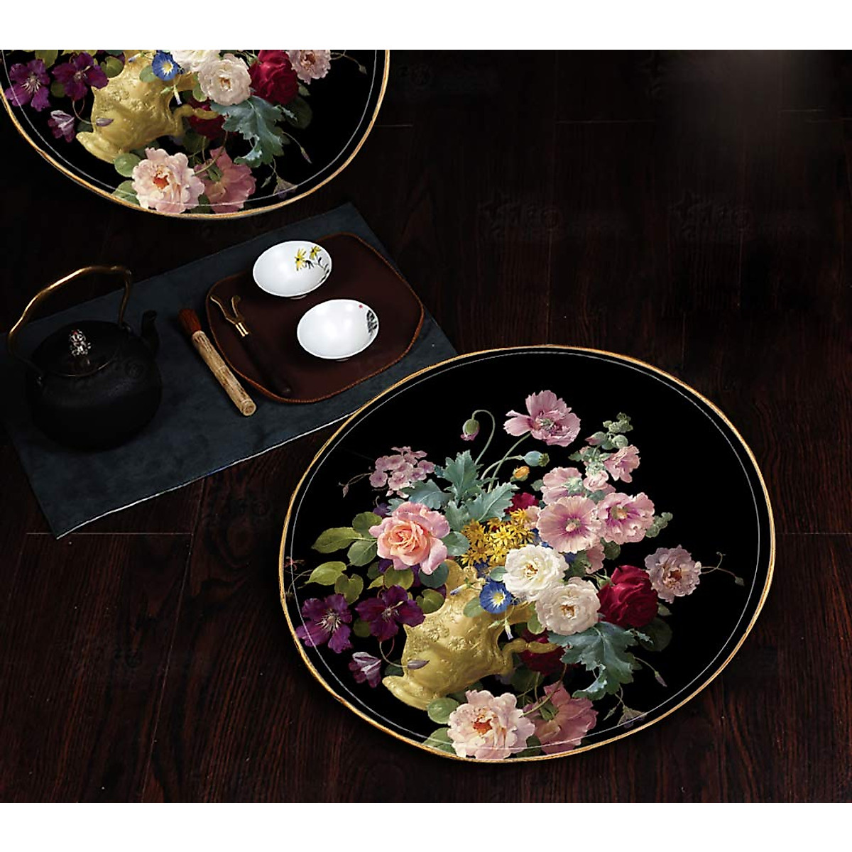 whooplaArt Plush Velvet Round Seat Cushion Black Floral Round Chair Cushion Varisized Chinese Style (PT-786, Dia 40cm/16)