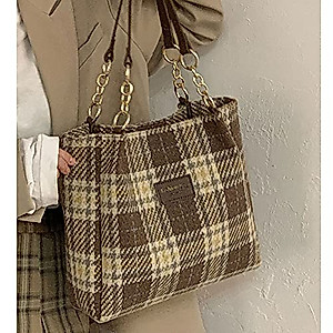Fashion Shoulder Hobo Bags for Women Wool Tweed Tote Bags Plaid Pattern Bowknot Handbags and Purses Large Capacity (Tote)