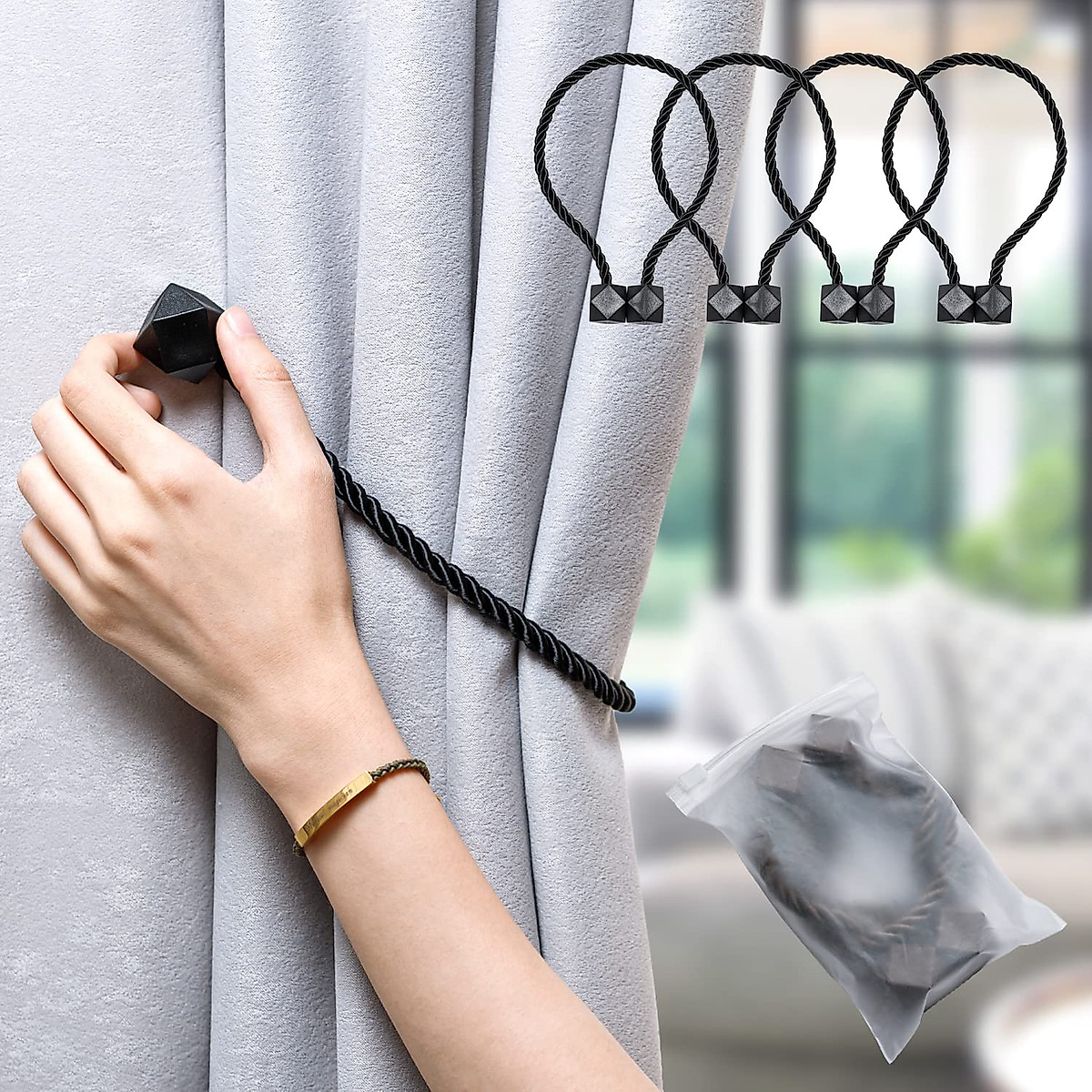 NazTur Magnetic Curtain Tiebacks- Upgrade 2022 with a Thicker Twist Rope & Strong Magnet Tieback Window Treatment Holdbacks Draperies Holders Decorative Drape Handmade Tie Back (Black, 4)