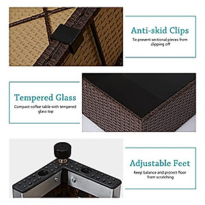 SUNVIVI OUTDOOR 3 Piece Patio Furniture Set All Weather Brown Wicker Outdoor Patio Sectional Sofa Couch with Beige Cushions, 2 Single Chairs, 1 Table with a Tempered Glass Top