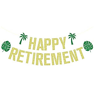 Happy Retirement Banner Gold Glitter - Retirement Party Decorations Palm leaves Decor, Farewell Party Cake Decor, Tropical Retirement Decor, Happy Retirement Party Decorations