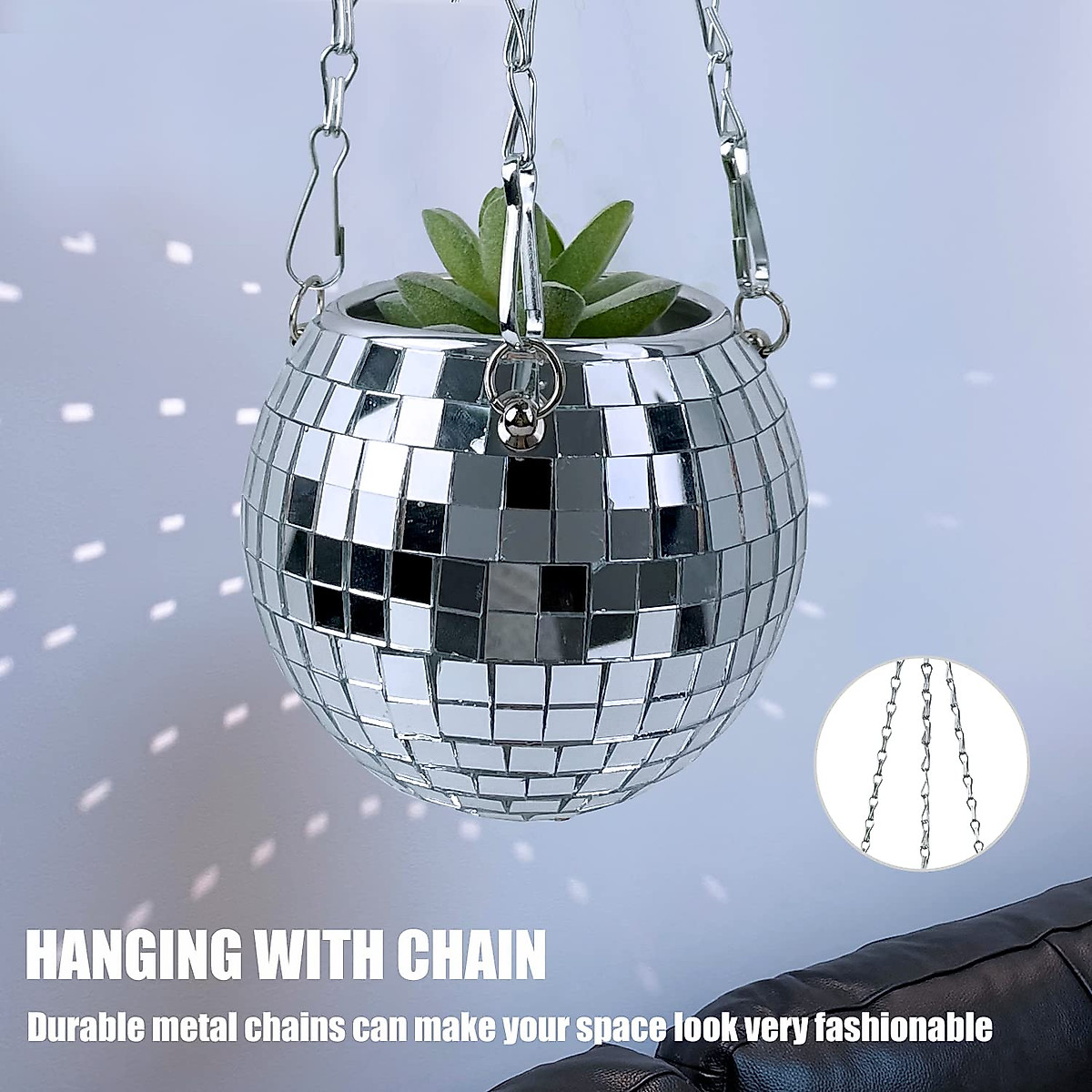 Disco Ball Planter, 4" Creative Mirror Ball Hanging Planters for Indoor Plants with Chain, Macrame Rope, Wooden Stand, Disco Ball Plant Hanger for Valentine's Decorations Hanging Plant, 1 piece