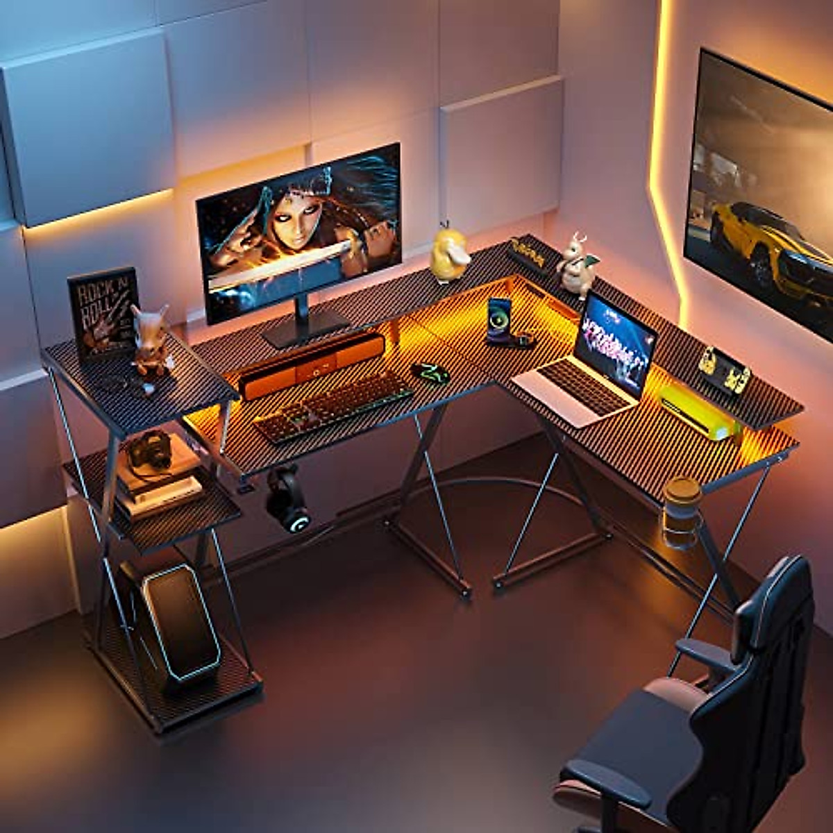 SEVEN WARRIOR L Shaped Gaming Desk with LED Lights & Power Outlets, 58” Reversible Computer Desk with Storage Shelf & Monitor Stand, Corner Desk with Cup Holder, with Headphone Hook, Black