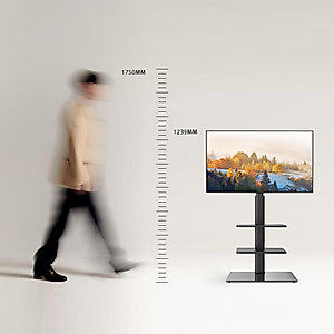 FITUEYES Floor TV Stand for 32 39 40 43 49 50 55 60 Inch TVs, TV Floor Stand with Swivel Mount, Max Holds 66lbs, White Glass Base, Height Adjustable TV Mount for Corner & Bedroom (With 2 Shelf, Black)