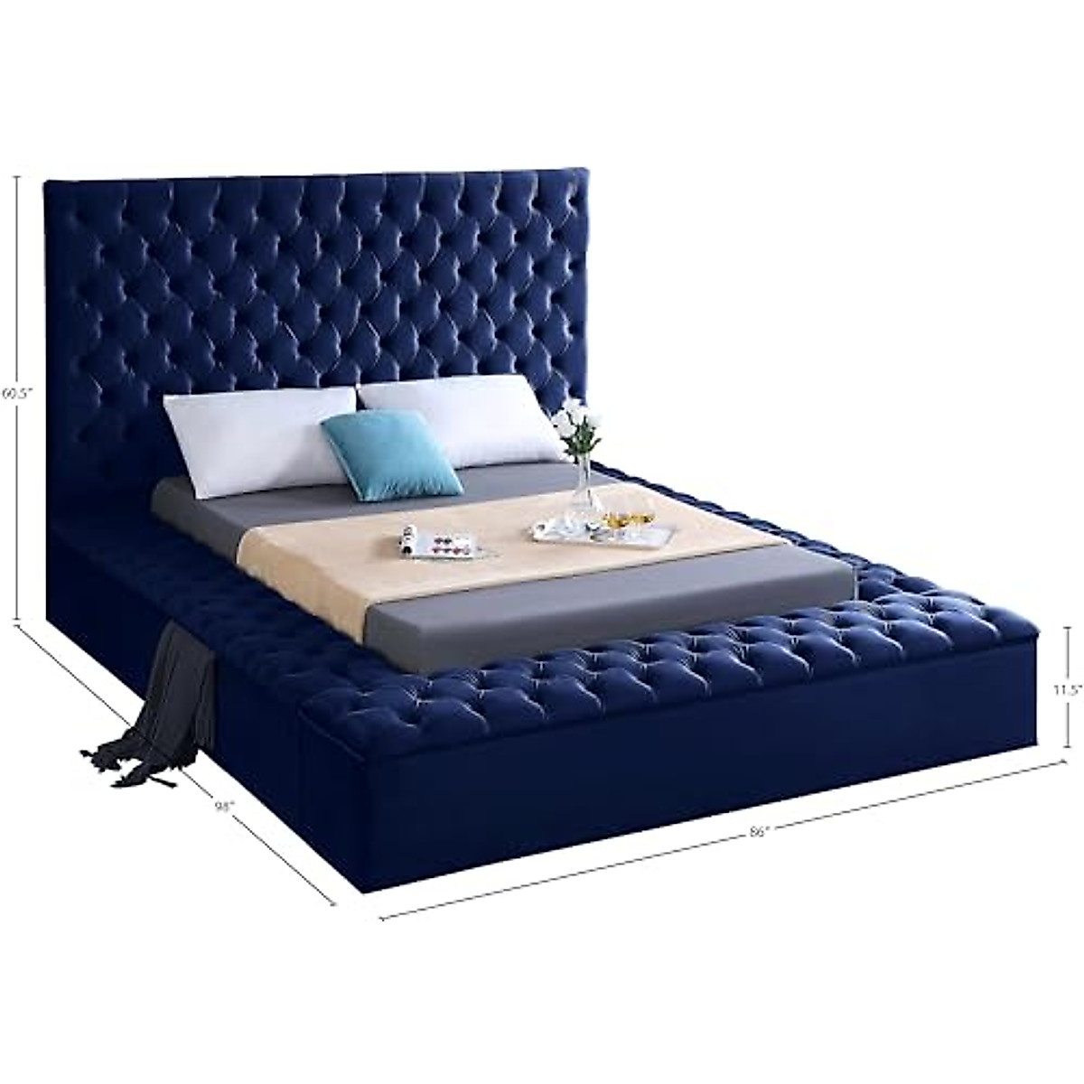 Meridian Furniture Bliss Collection Modern | Contemporary Velvet Upholstered Bed with Deep Button Tufting and Storage Compartments in Rails and Footboard, Queen, Navy