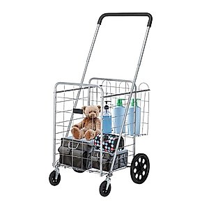 XYYSSM Iron 1200mm Telescopic Armrest 0.8mm 16# Round Tube 50kg Silver Foldable Shopping Cart, Shopping Cart with Dual Swivel Wheels for Groceries - Compact Folding Portable Cart Saves Space