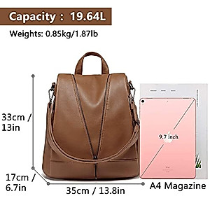 Women Backpack Purse PU Leather Anti-theft Casual Shoulder Bag Fashion Ladies Satchel Bag Large Capacity Travel Bag Waterproof Multipurpose Crossbody Handbag, Brown